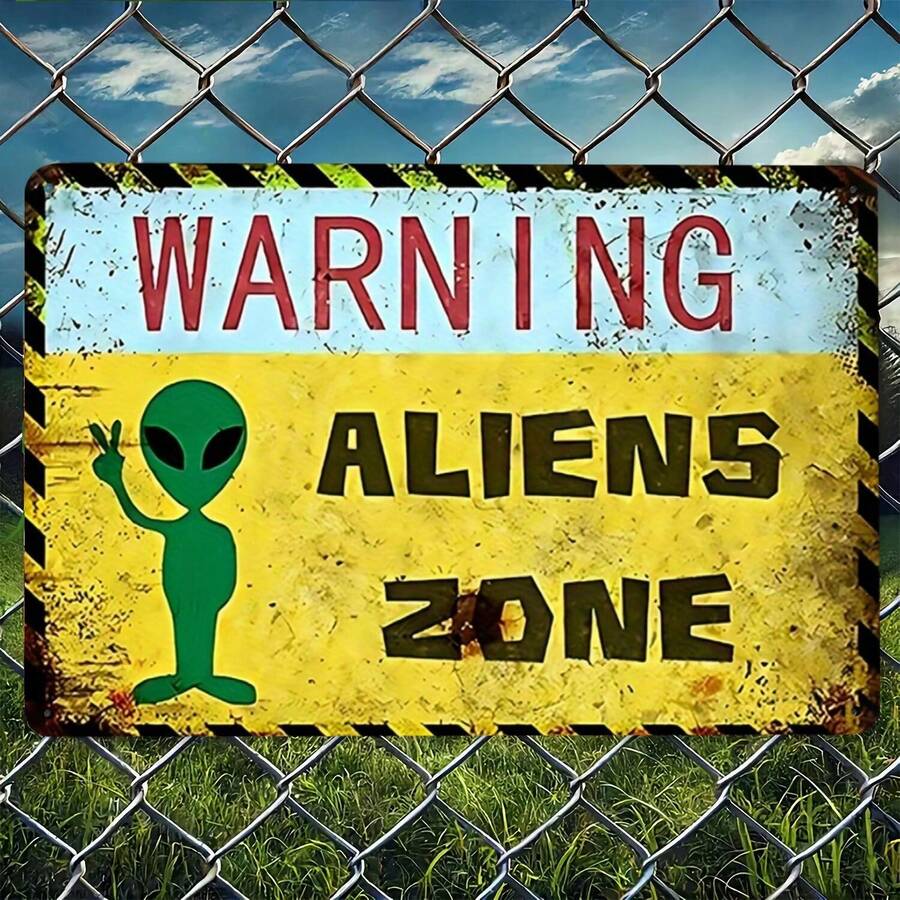 Tin Metal Sign Warning Aliens Zone Metal Sign Funny Alien Area Decor ...