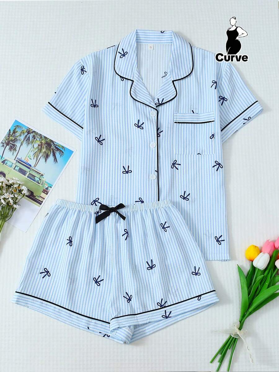 2pcs Plus Size Women Cute Striped Bow Print Pajama Set, Lapel Button ...