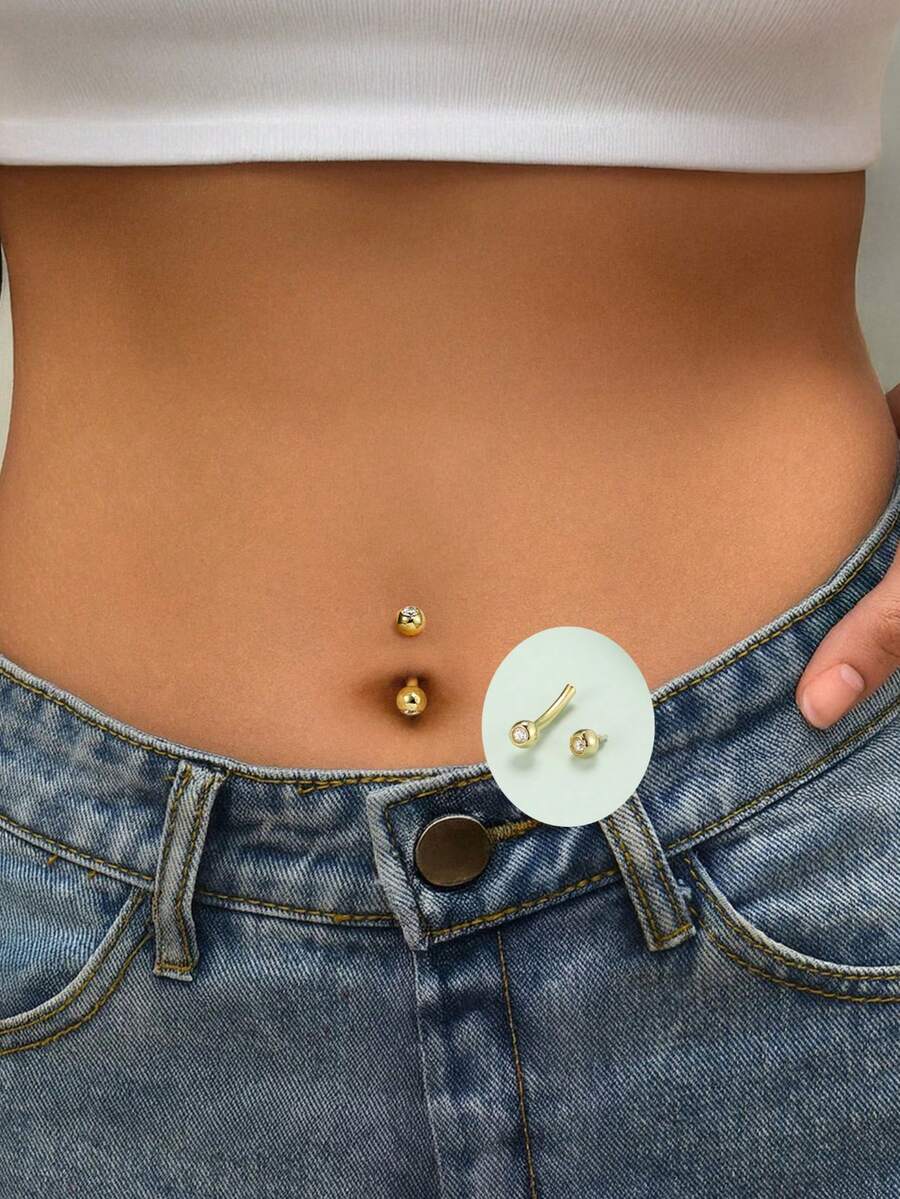 1PC 925 Sterling Silver Ball Navel Ring Double Diamond Curved Barbell ...