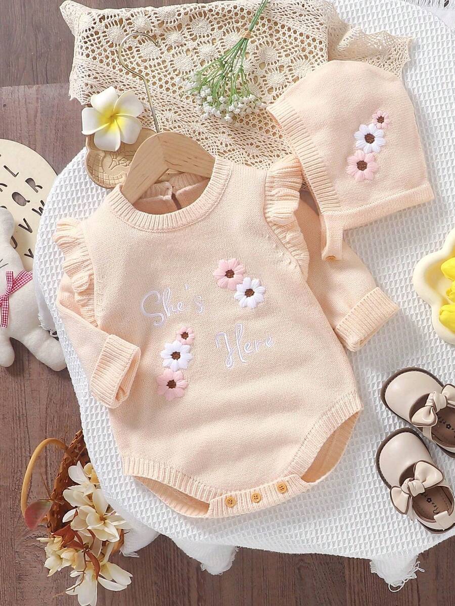 2pcs Baby Romper Set With Embroidered Floral Design, Flutter Sleeves ...