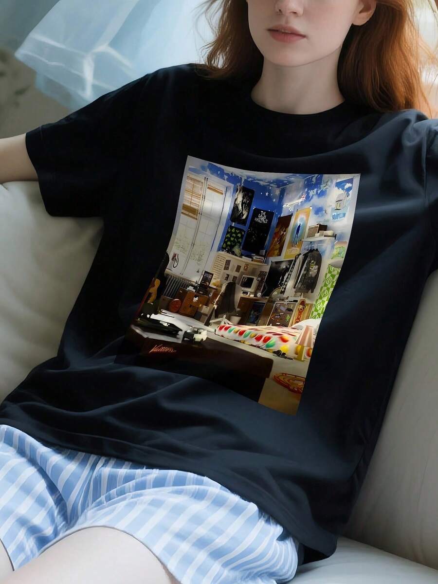 A Women's 180g Pure Cotton T-Shirt With An Interior Scene Illustration ...