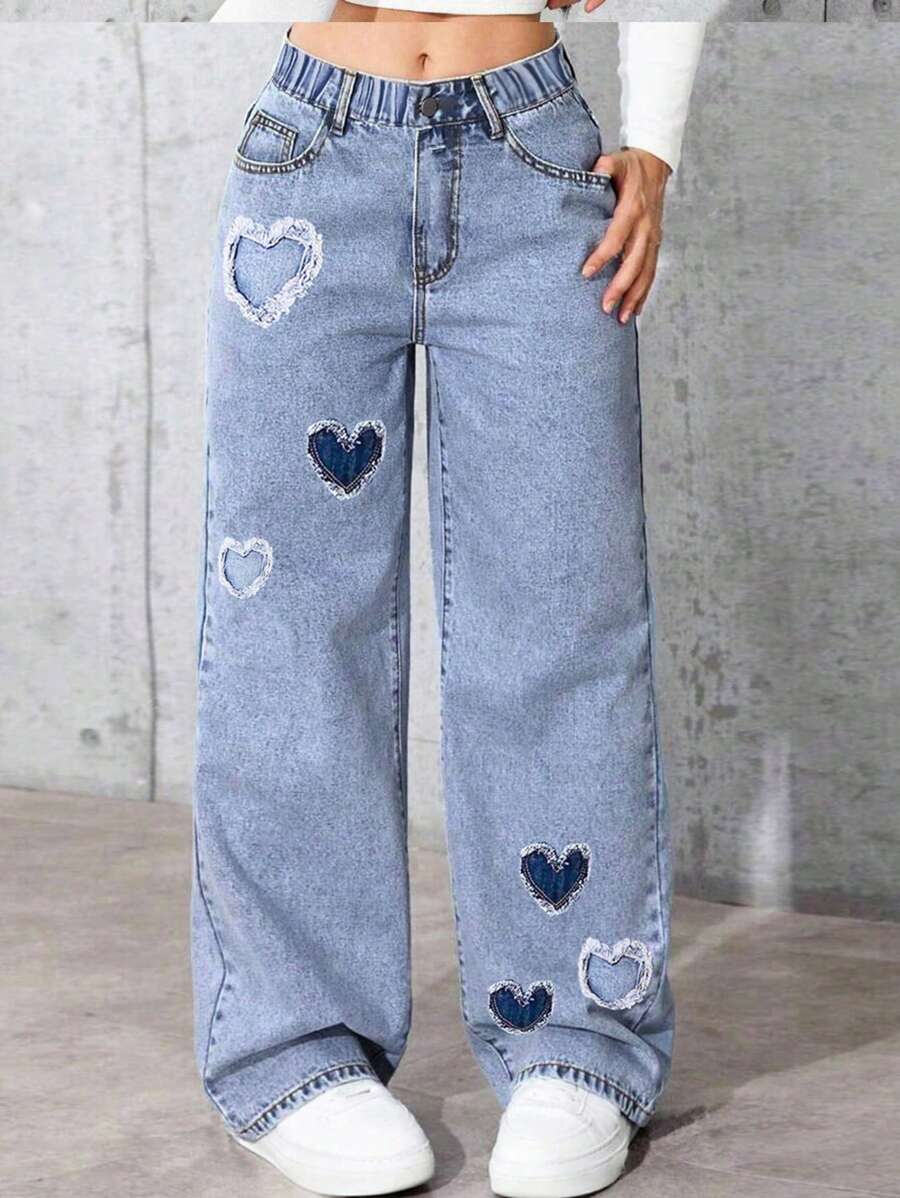 Jeans de mezclilla sueltos para niña preadolescente con parche en forma ...