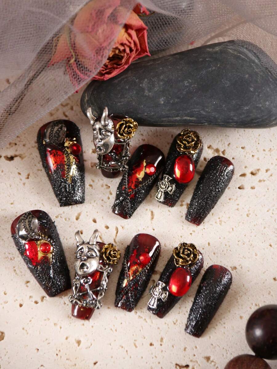 XEERCOOU 10pcs Halloween Ladybug Vampire Press On Nails Skeleton Black ...