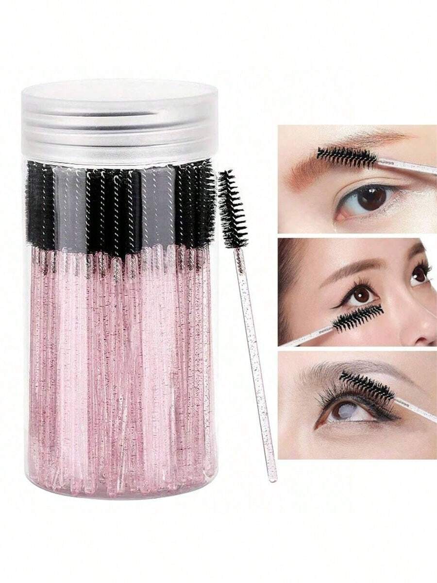 100/50PCS Crystal Pink Eyelash Brushes, Mascara Wands With Container ...