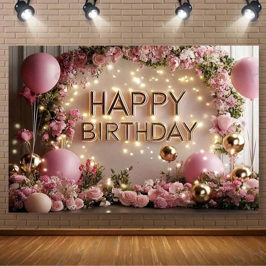 1pc Elegant Pink Balloon Birthday Backdrop With Floral Wreath & Golden ...
