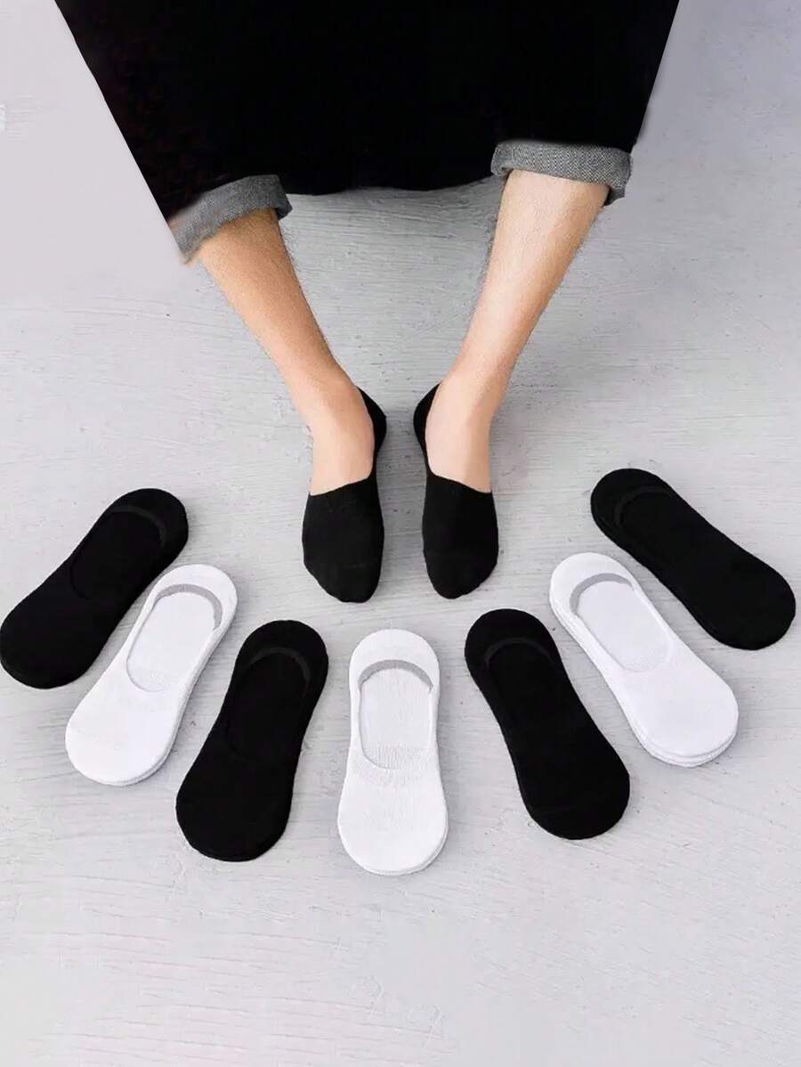 10 Pairs Black & White Solid Color Ankle Socks, Breathable & Moisture ...