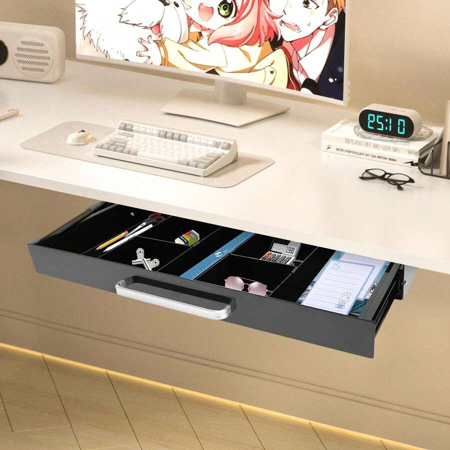Under Desk Pull-Out Drawer With Adjustable Divider For Storing Pencil ...