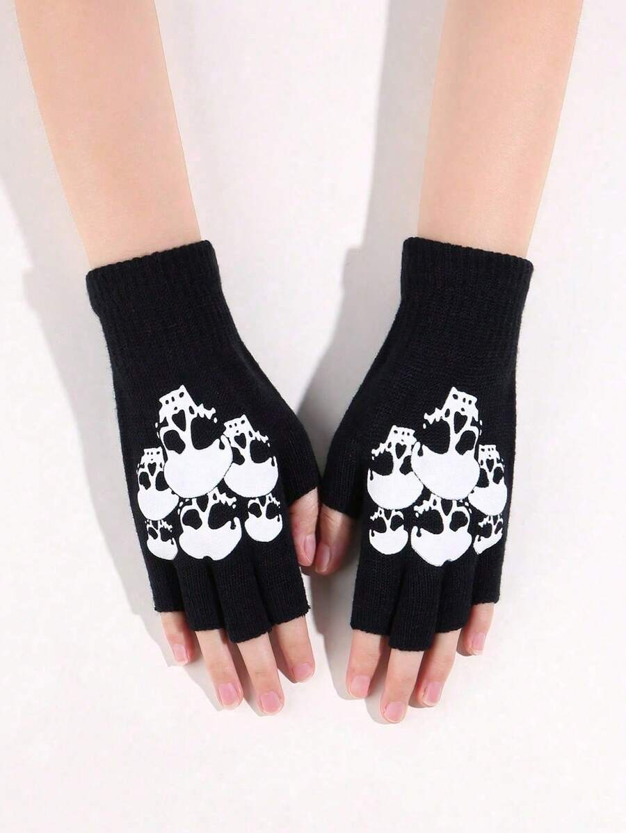 1pair Skeleton Printing Fingerless Gloves, Suitable For All Seasons ...