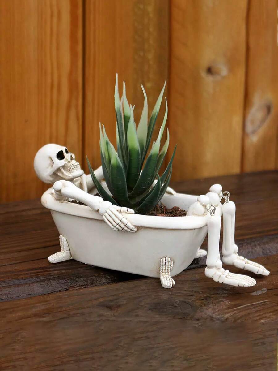 1pc Halloween Skeleton Bathtub Planter - Resin Skull Flower Pot With ...