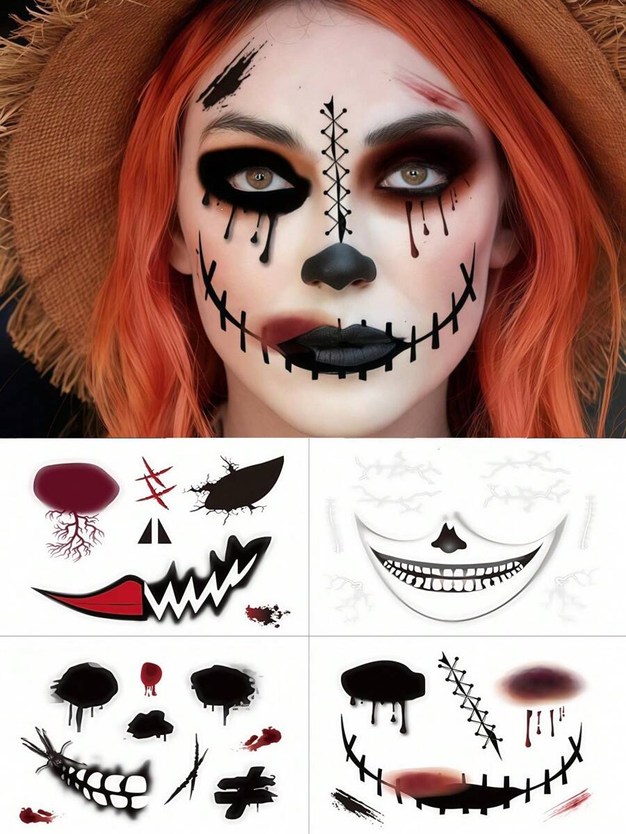 4 Sheets Skull Face Tattoo Halloween Temporary Tattoos Scarecrow Face ...
