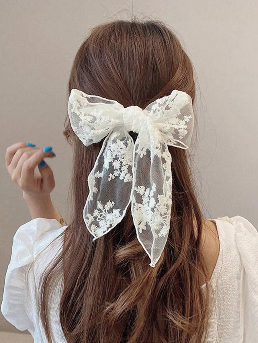 1pc Fashionable Elegant Beige Lace Bow Hair Clip, Fall, Claw Clips ...
