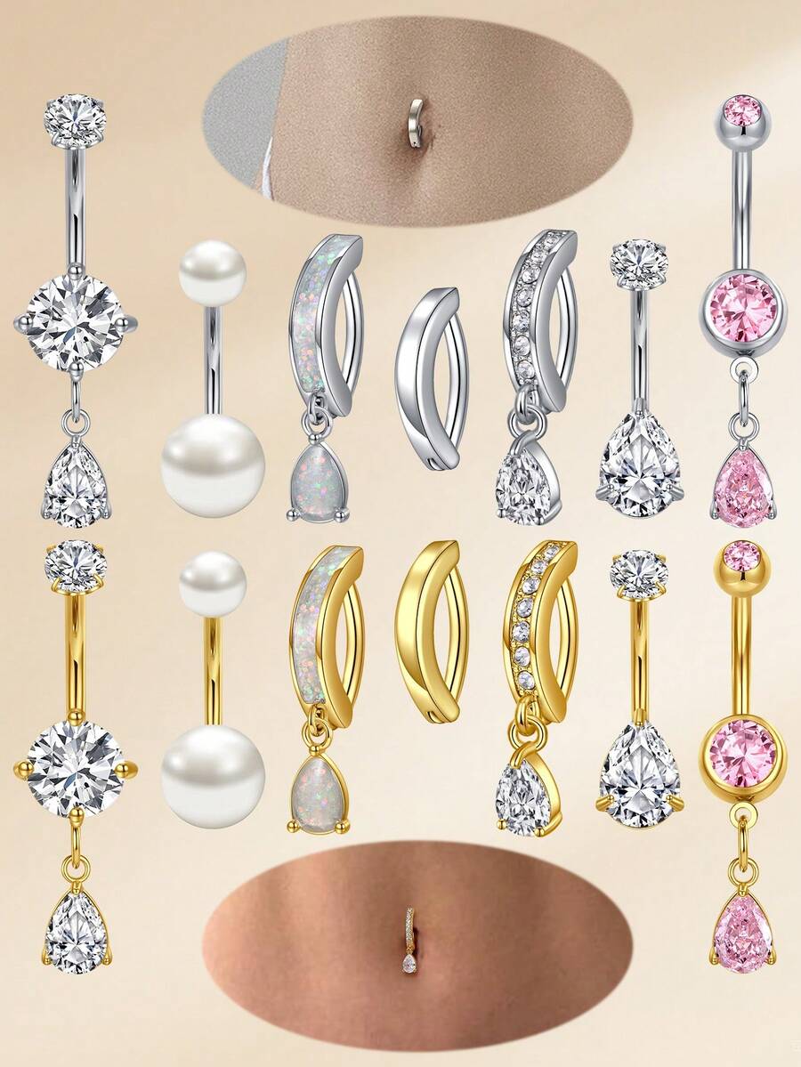 1pc Funky Stainless Steel Cubic Zirconia Faux Pearl Droplet Belly ...