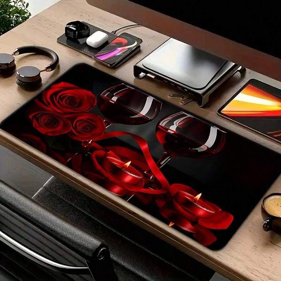 1PC Mouse Pad Romantic Red Rose Wine Candle Ribbon Mouse Pad Non-Slip ...
