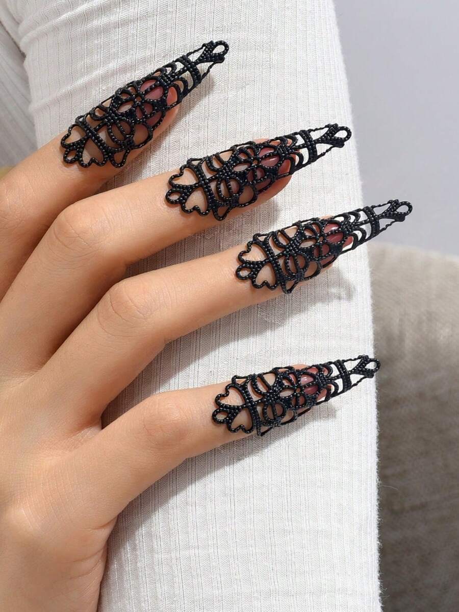 4pcs Black Hollow Floral Pattern Armor Rings, Halloween Jewelry ...