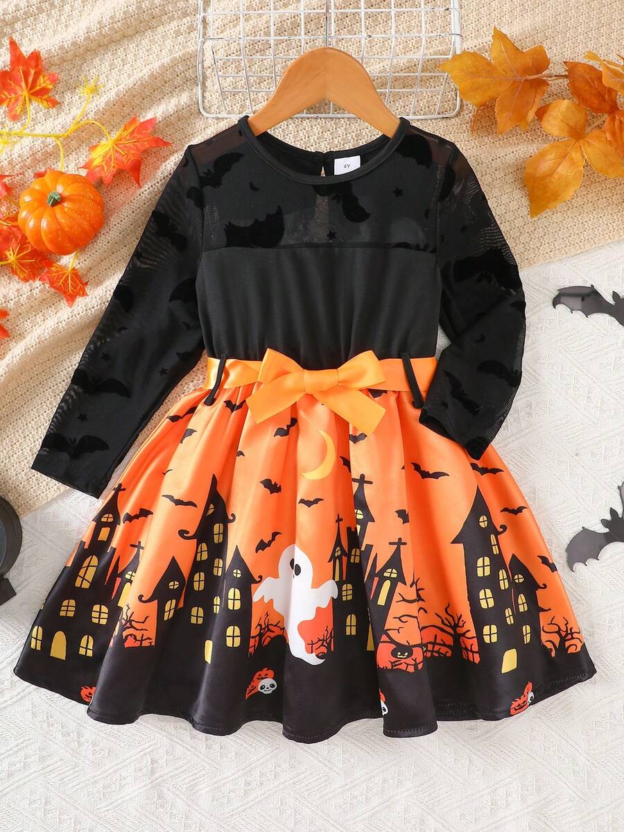 Halloween Girls Toddler Long Sleeve Drawstring Bow Tie Dress, Bat ...