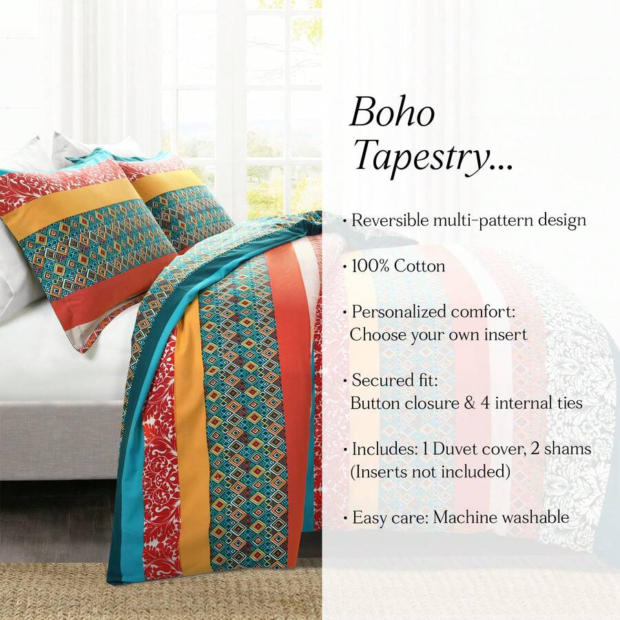 LUSH DECOR Boho Stripe Reversible Cotton Duvet Cover Turquoise ...