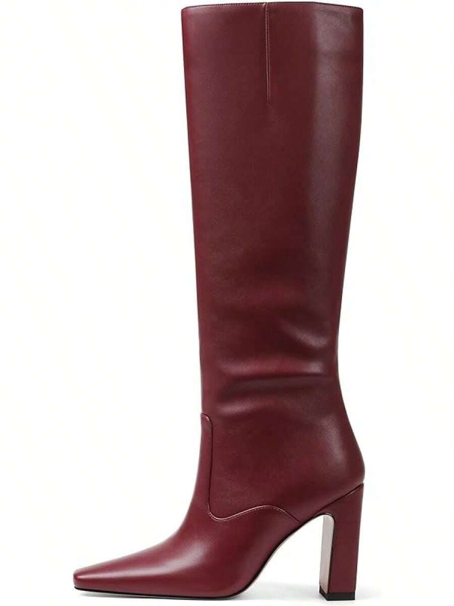 Women's Knee High Boots 2025 Chunky Block Heel Square Toe With Side ...