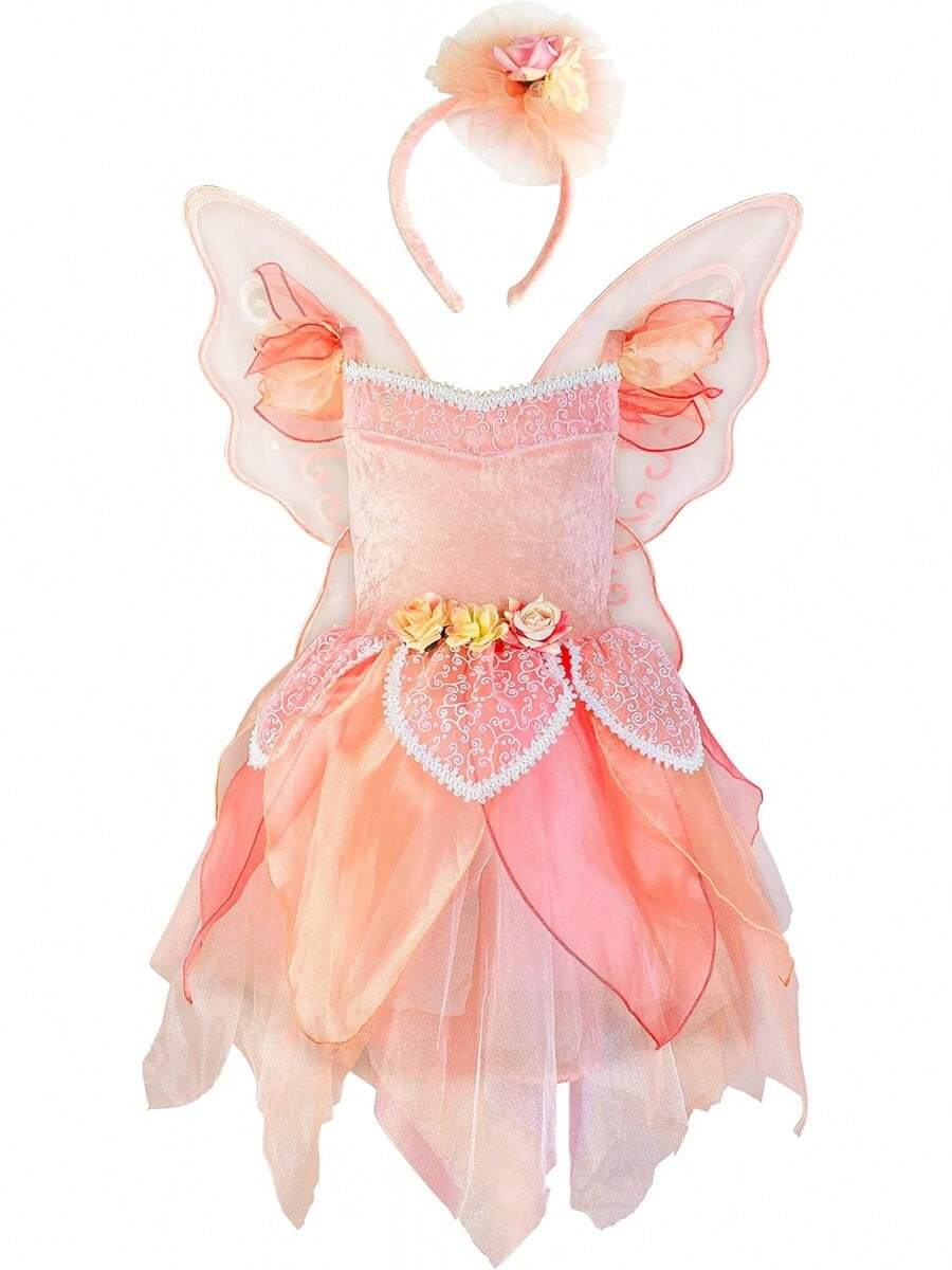 Conjunto de disfraz de vestido de hada rosa para niñas con alas y ...