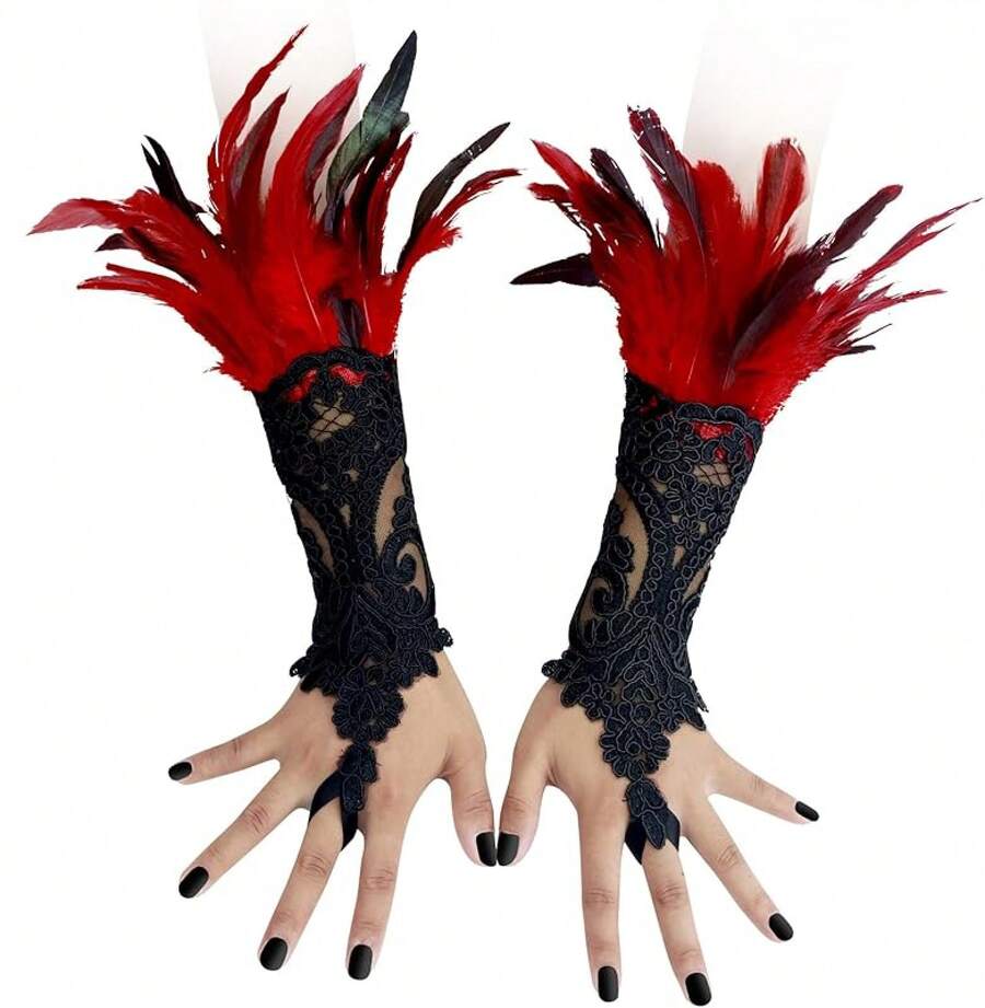 Women Black Lace Gloves Witch Costume Accessories Swan Wings Wrist ...