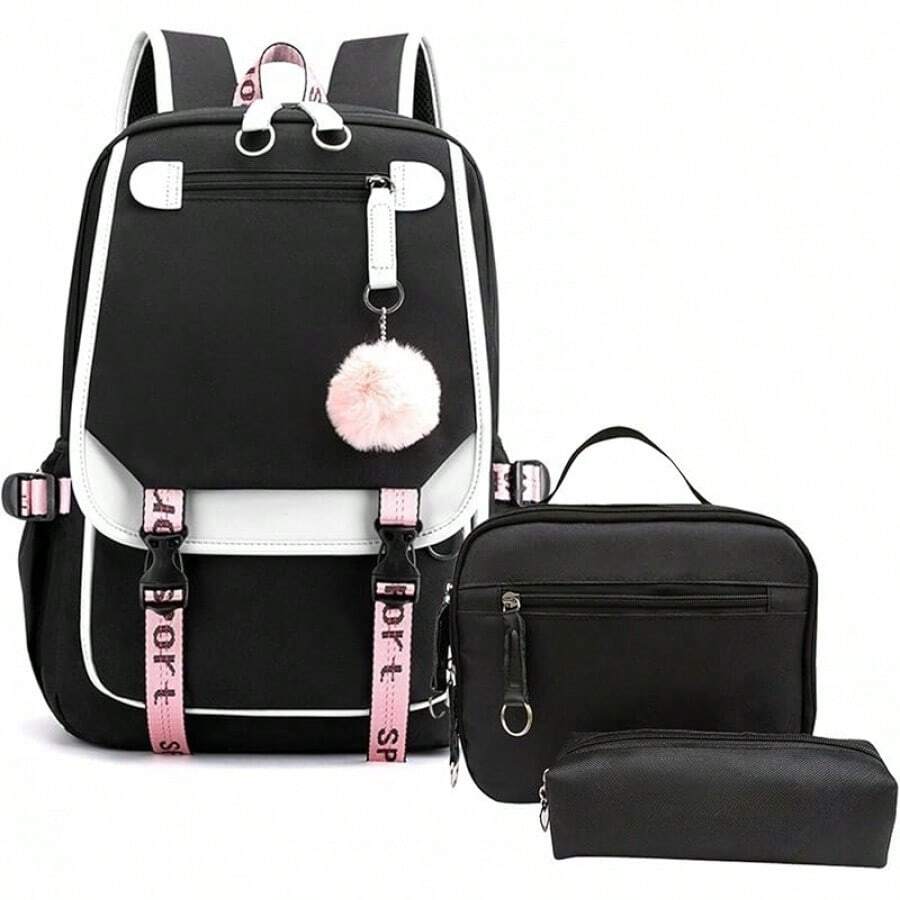 School Backpack Girls Color-Block School Bag With Lunch Box Pencil Set ...