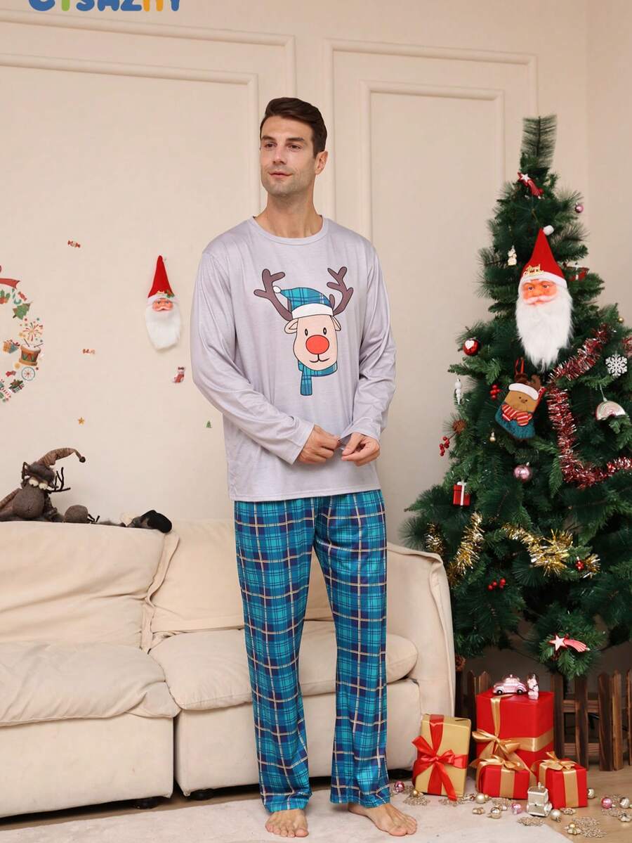 2pcs Men's Christmas Pajama Set, Cartoon Deer Pattern Comfortable Round ...