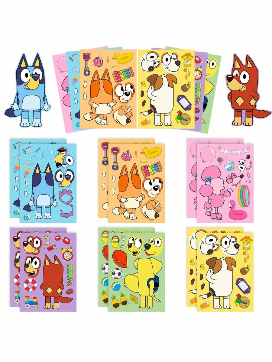 Bluey 12Sheets Bluey Anime Cartoon Dog Puzzle Stickers Make A Face Cute ...