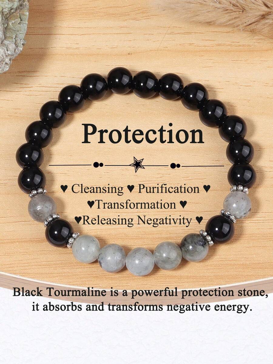 Men's Black Tourmaline Protection Bracelet, Larvikite / Labradorite ...