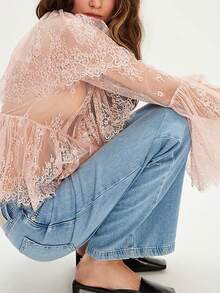 Women Flowy Sheer Tops Sheer Lace Trim See Through Shirts Flare Sleeve ...