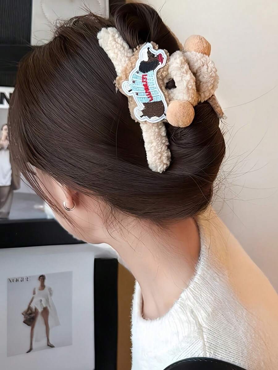 1pc Women Cute Cartoon Poodle Dog With Lamb Fur Clip, Cute Embroidered ...