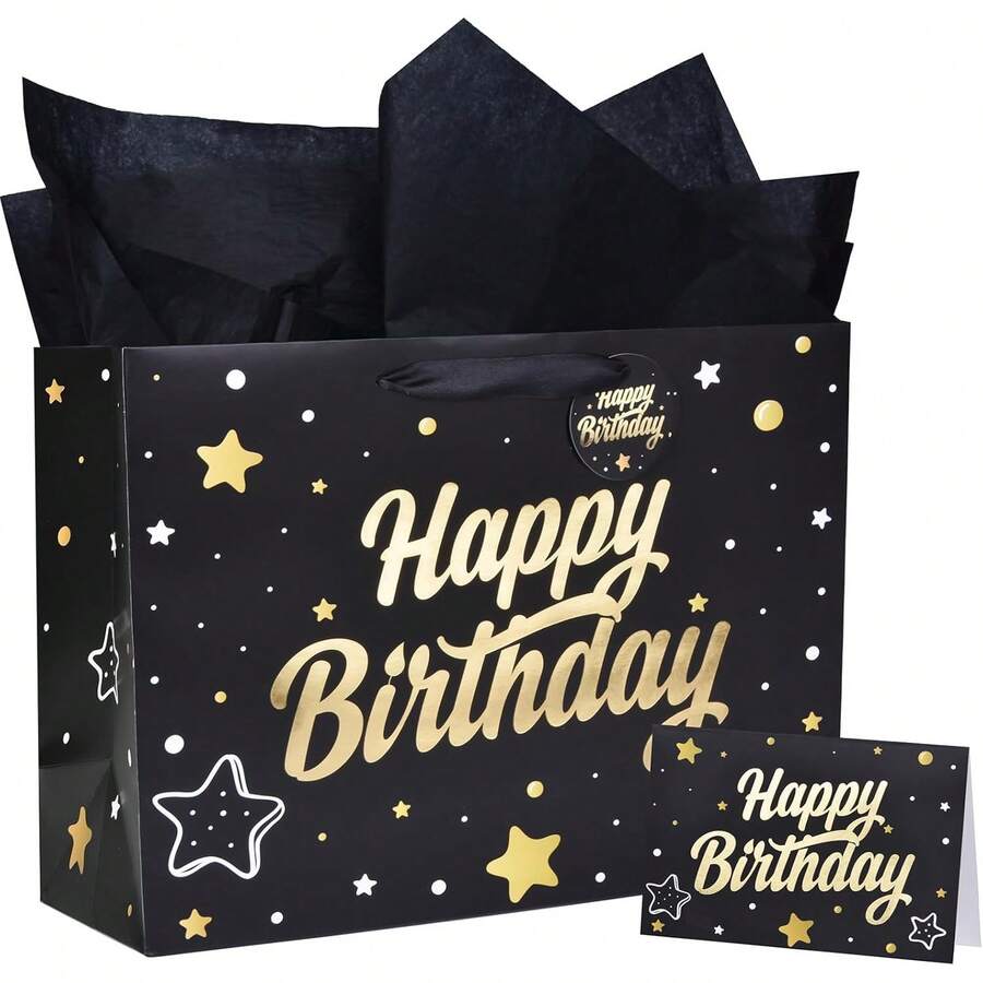ZGORENDZ 14'' Large Bag Gold Foil Happy Birthday Party Bag With Tissue ...