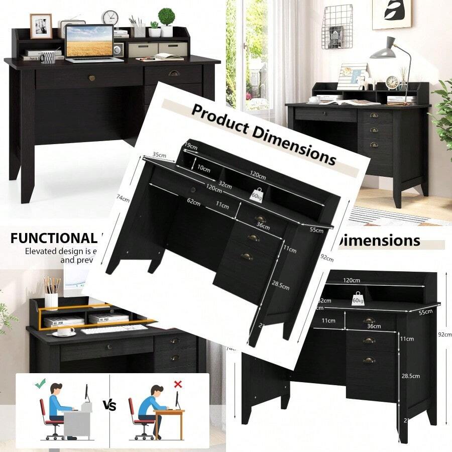 Computer Desk With 4 Storage Drawers And Hutch 120 CM Home Office Desk ...