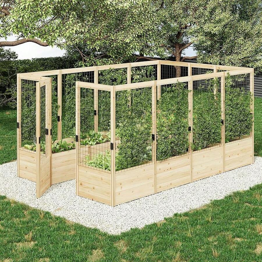 U-Shaped Raised Garden Bed With Deer Proof Fence, Outdoor Wooden Raised ...