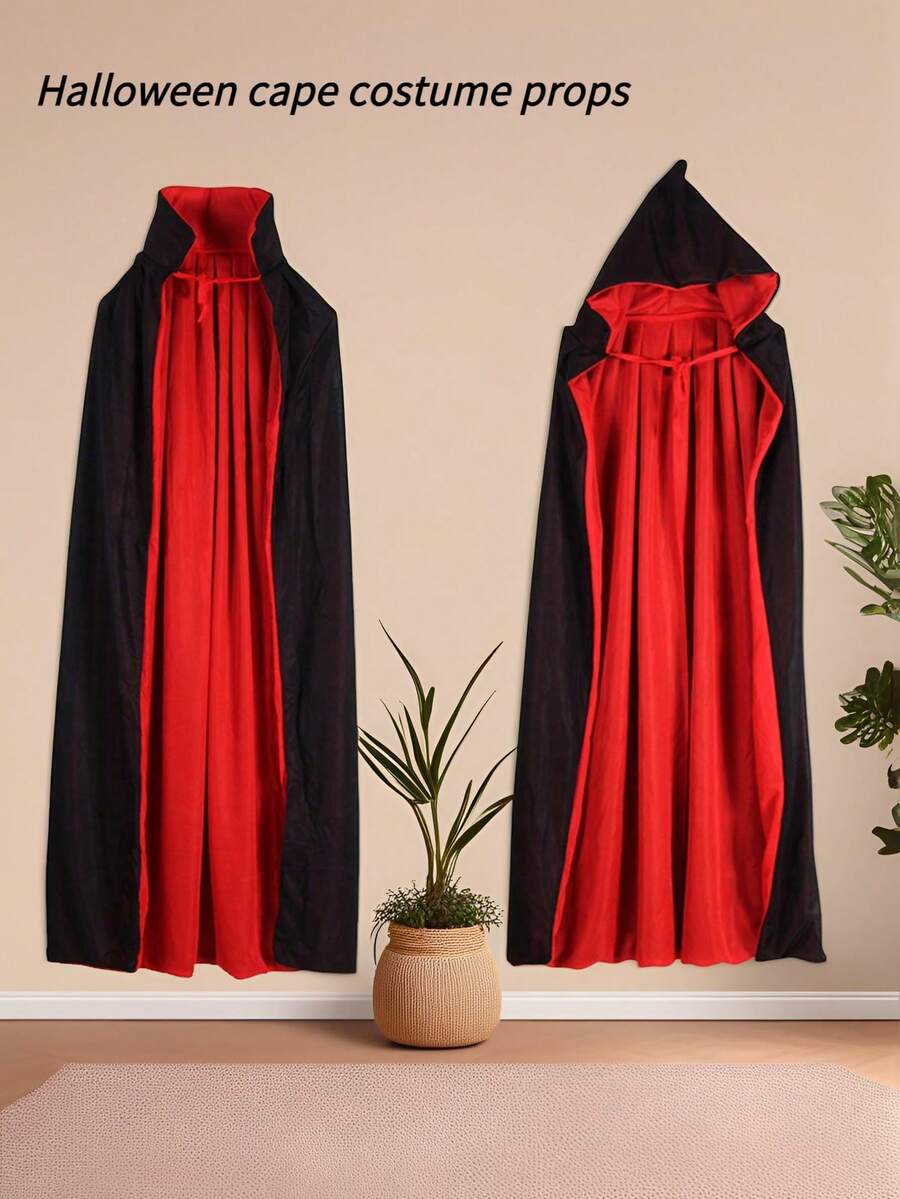 1pc/Halloween Double-Layer Black And Red Cape With Hood And Stand-Up ...