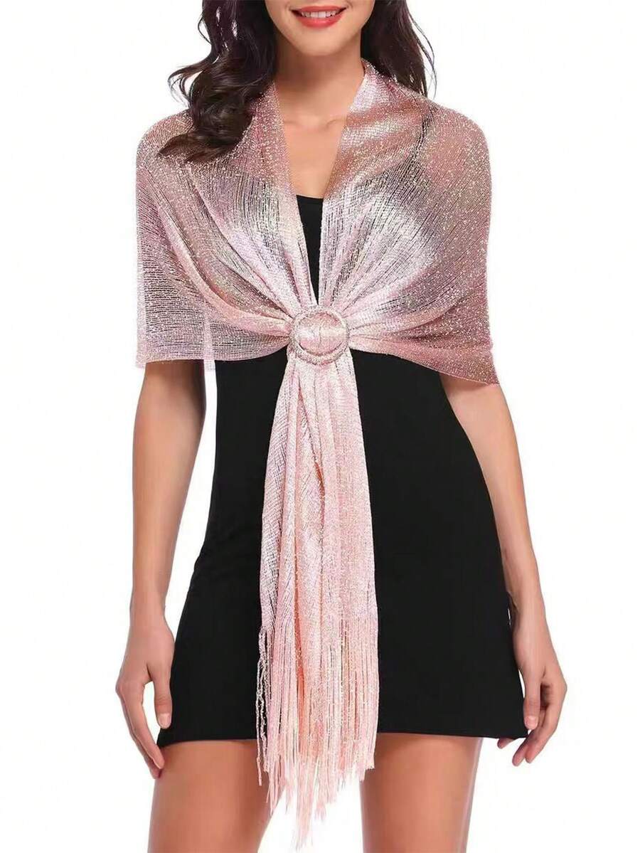 1pc Fringed Long Scarf For Women, Evening Dress Shawl With 1 Shiny Flat ...