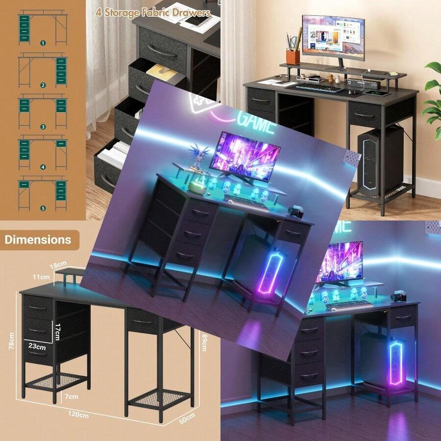 Black Computer Desk With 4 Drawers 120cm Gaming Desk With RGB LED ...