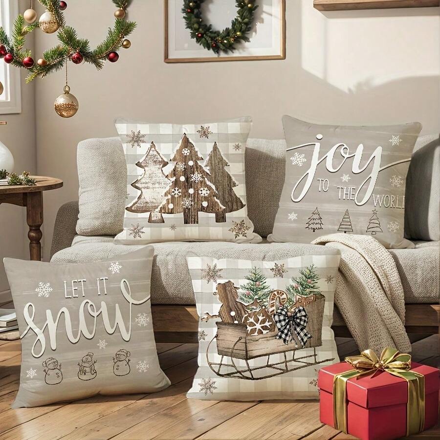 4 fundas de almohada de estilo rústico navideño, con estampados de ...