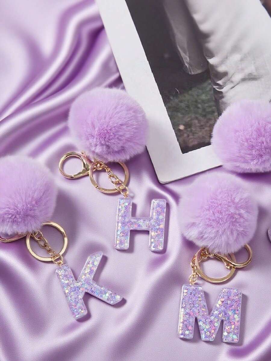 1pc Purple Pom-Pom Keychain, Universal Bag Accessory, 26 Letter ...