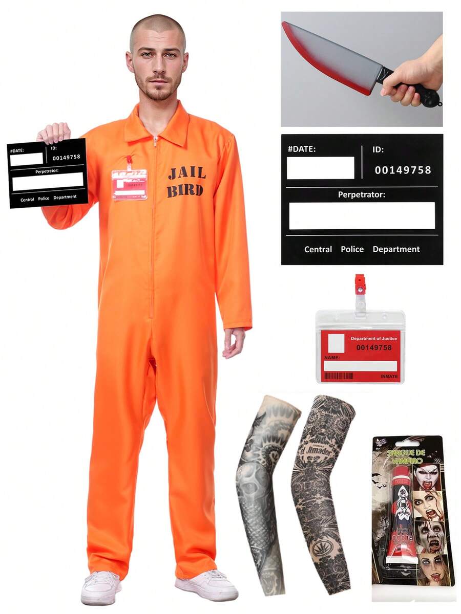 Prisoner Jumpsuit Adults Orange Priso Inmate Costume Jail Criminal ...