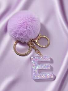 1pc Purple Pom-Pom Keychain, Universal Bag Accessory, 26 Letter ...