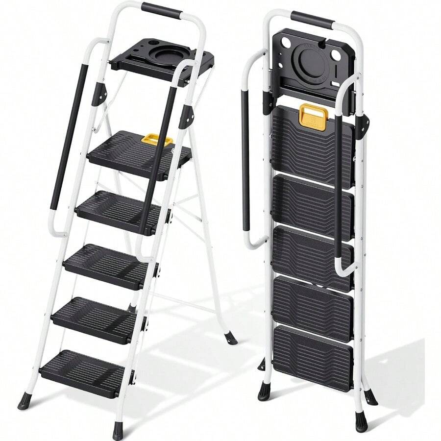 5 Step Folding Ladder 800lbs Capacity Step Stool With Safety Lock Tool ...