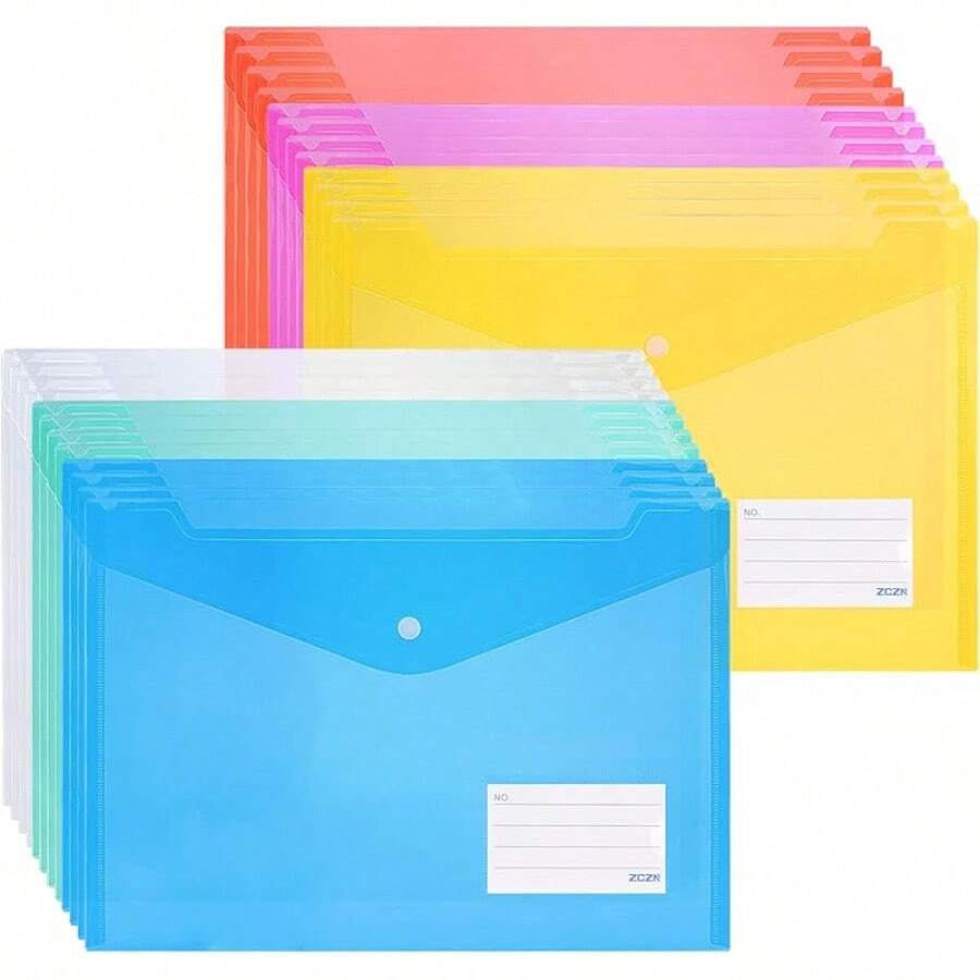24 Pcs Plastic File Folders, A4 Paper Size Waterproof File Envelopes ...