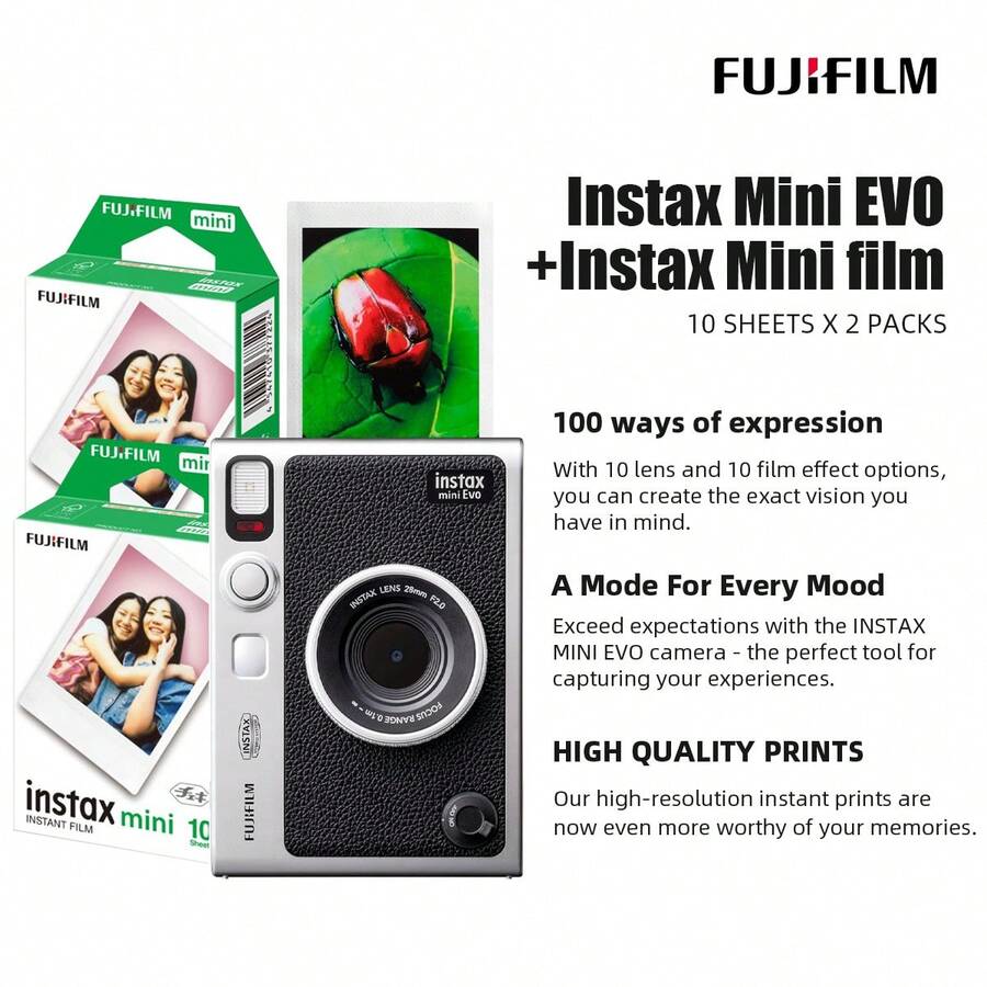 FujiFilm INSTAX Mini Evo Black+Instax Mini 1 Pack (10 Sheets) X 2 Packs ...