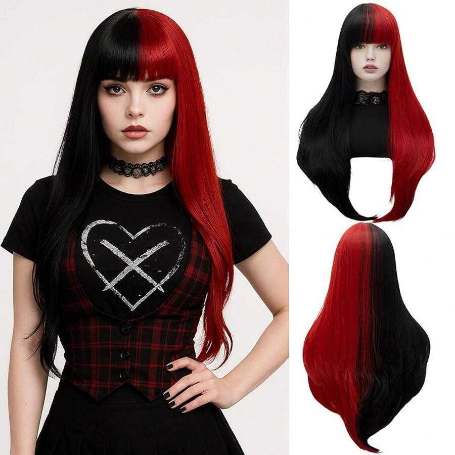 SALERed Mermaid Women, Long Red Body Wave Wig+ Wig Cap Costume ...