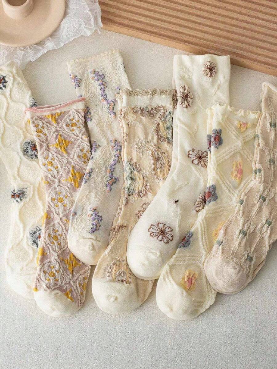 7 Pairs Women's Retro Palace Style Floral Patterned Mid-Calf Socks ...