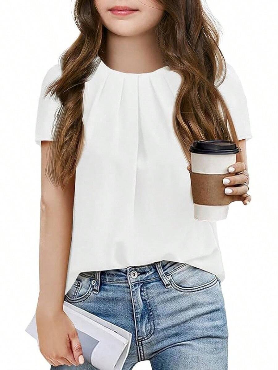 Girls Shirts Summer Short Sleeve Cute Tops Chiffon Pleated Blouses 5-14 ...