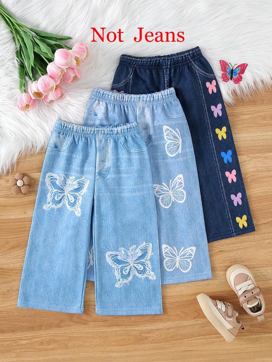 Three Pieces Imitation Denim Butterfly Print Pattern Long Pants Set ...