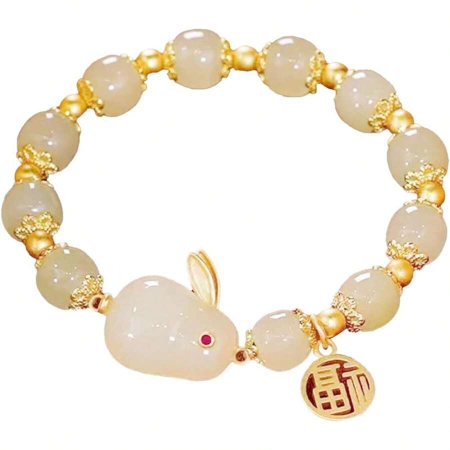 Jade Rabbit Bracelet, Rabbit Lucky Charm, Bunny Charm Bracelet Blessing ...