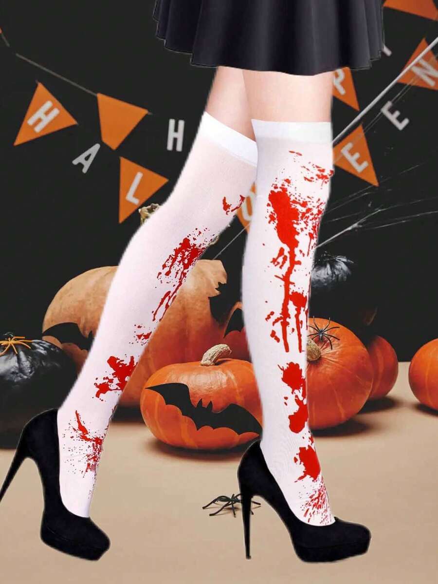 1 Pair Women's Halloween Over-The-Knee Socks, Horror Blood Stain Design ...
