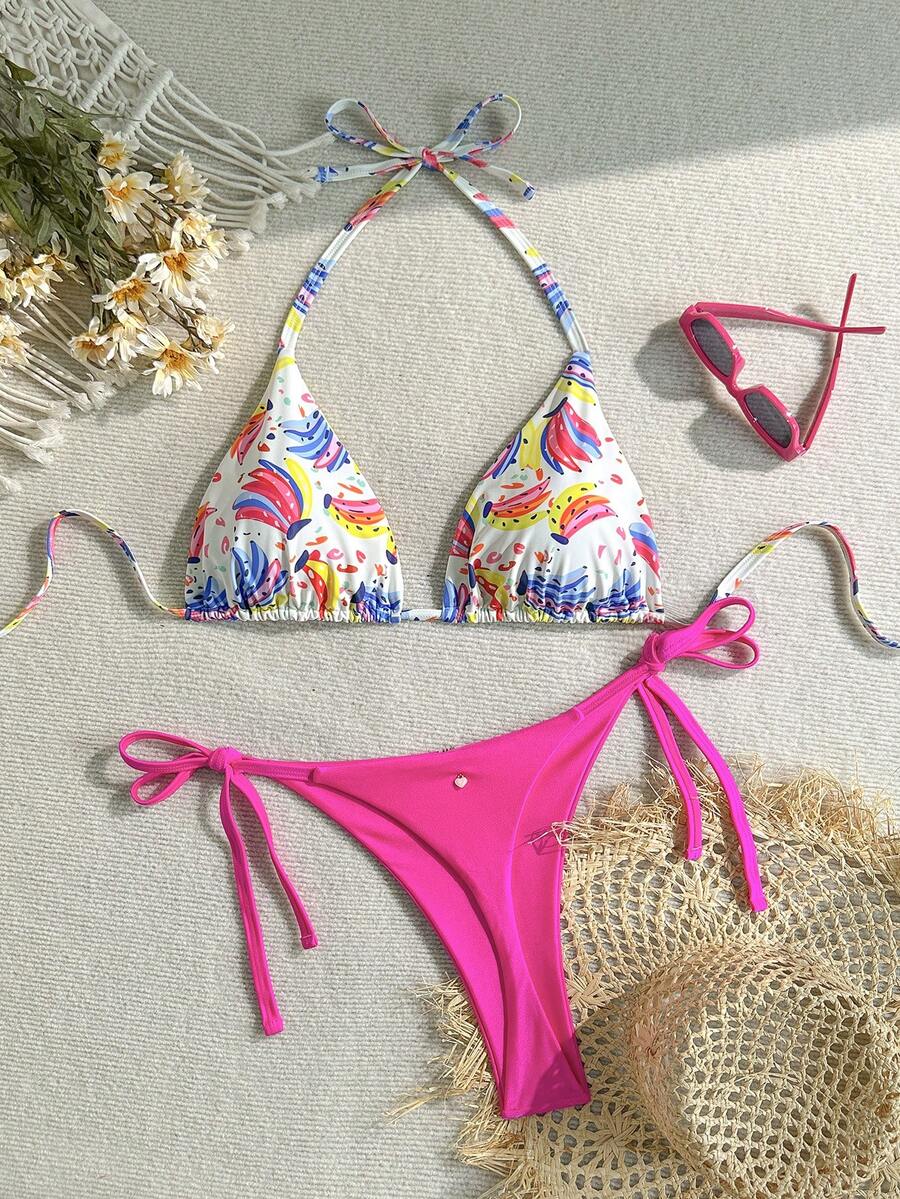 Conjunto de Maiô Bikini Tipo Tanga com Alças Finas em Estilo Boêmio ...