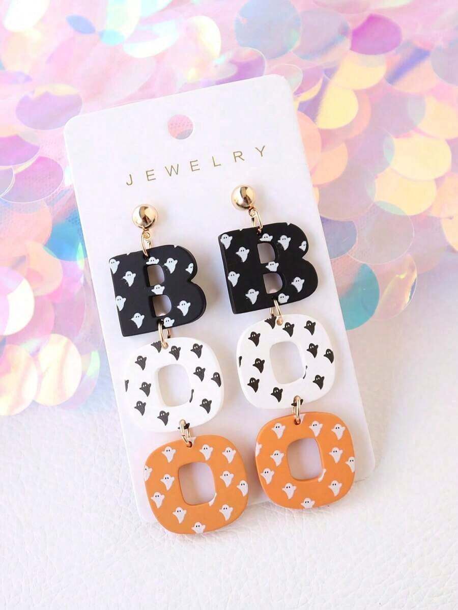 1 Pair Halloween Ghost Print Acrylic And Polymer Clay BOO Earrings, Fun ...